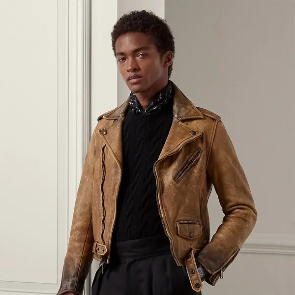 Ralph Lauren Locklear Leather Moto Jacket In Vintage Brown - 30